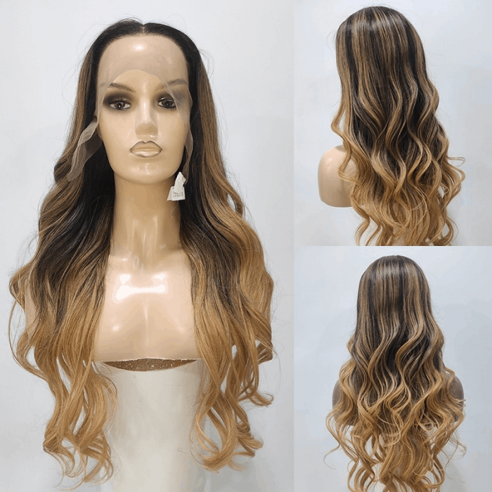 Incolorwig Ombre Golden Brown Balayage Natural Wave 13x4 Lace Front Wig